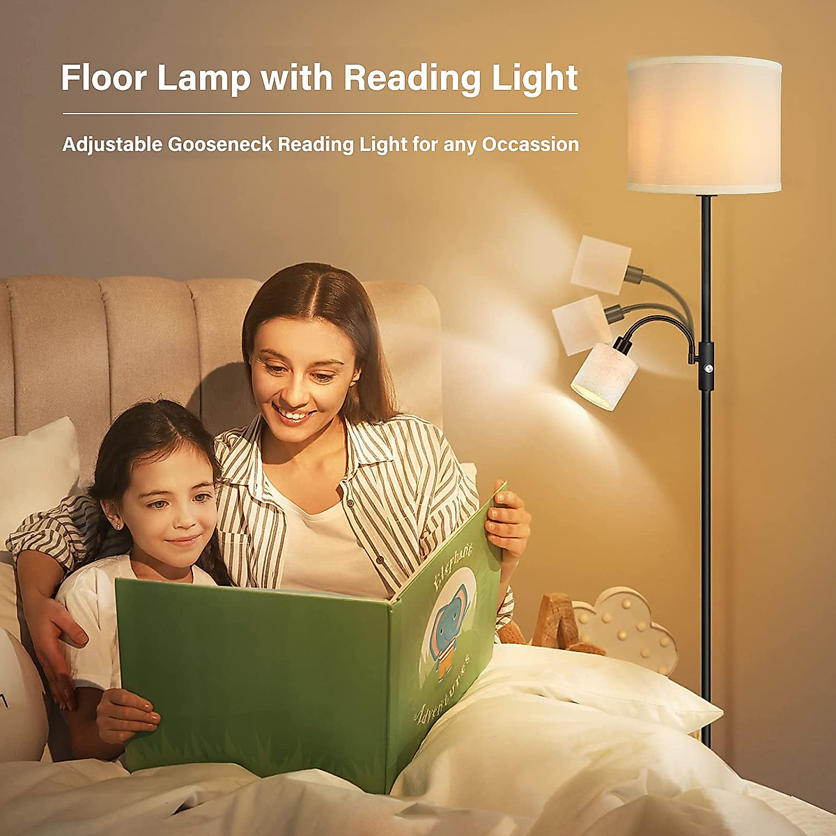 AUQUEE Floor Lamps for Living Room, Standing Tall Lamp with Reading Light, Black Bright Pole Lamp with 12W LED Bulb, 3-way Rotary Switch, Modern Corner Lamp for Bedroom Study Room for Christmas(White)