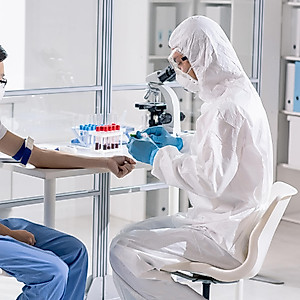 AMZ White Hazmat Suits, Small. Pack of 5 Lightweight Microporous Disposable Coveralls with Hood, Boots, Elastic Wrist, Lower Back, Zipper. Breathable Durable 60 GSM Painters Suit Disposable