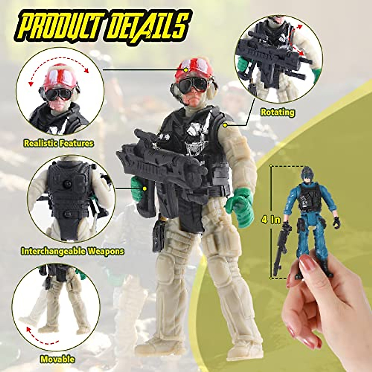 18 Pcs Special Forces Army Men Soldier Combat Movable Action Figures Army Guys Plastic Toy Soldiers Playsets Military Toy Men with Military Weapons and Accessories for Teens Party Decoration, 4 Inch