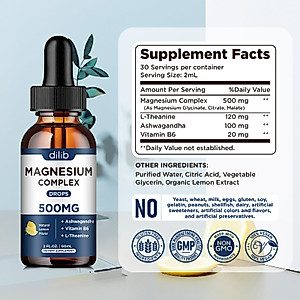 Magnesium Glycinate Liquid Drops, Triple Magnesium Complex Supplement with Citrate, Malate 500mg Ashwagandha, L-Theanine, Vitamin B6 for Sleep, Calm, Stress Relief, Bone, Muscle, Mood - Lemon Flavor