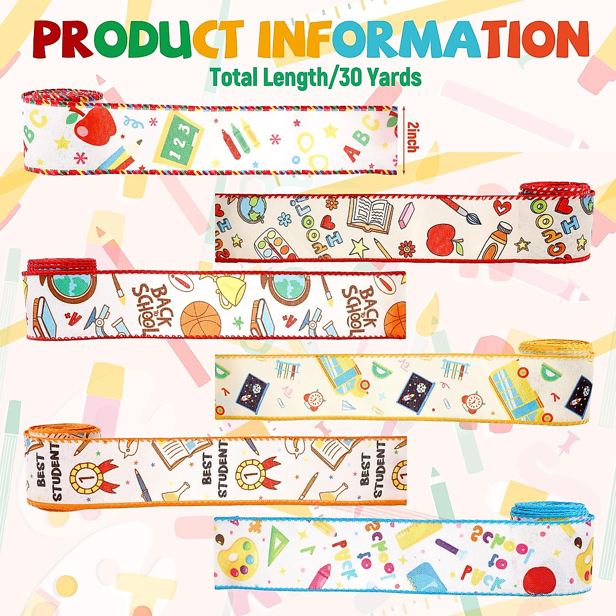 Tigeen 6 Rolls 30 Yards Back to School Wired Ribbon School Themed Fabric Decorative Craft Ribbon for Classroom Craft Gift Wrapping Hair Bow Sewing Wreath