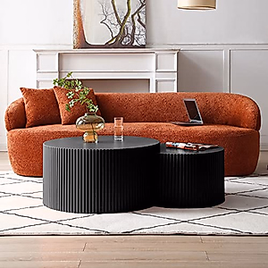 kevinplus Black Modern Nesting Coffee Table Set of 2 Round Side Table End Table for Living Room, Wood Circle Drum Coffee Table Contemporary Living Room End Table, Matte Black
