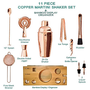 Bartender Kit, Rose Copper Cocktail Shaker set, 11-Piece Set, 24oz Martini Mixer, Muddler, Double Jigger, 2 Liquor Pourers, Mixing Spoon, Ice Tong, Strainer Set, Beer and wine opener with Bamboo Stand