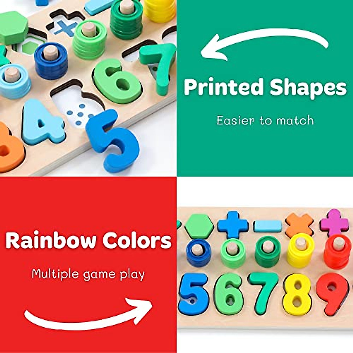 GeroCrew Wooden Montessori Toys for Kids Toddler Number Puzzles Sorter Counting Shape Stacker Stacking Game Preschool Toys for Boy Girl Learning Education Math Blocks 1 Year Old Girl Gifts (Rainbow)
