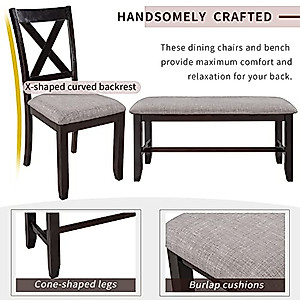 UBGO, 6 Piece Rustic Wooden Diningtable Dinette, Dining Room Furniture Set, Include Wood Table, Bench & 4 Chairs with Burlap Foam Cushion, for Home Living Space, (Espresso) B