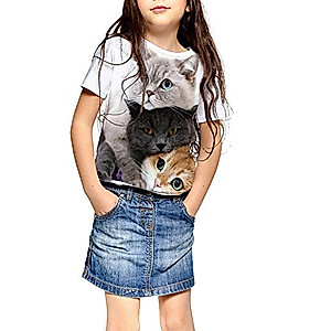 Ainuno Cat Shirts for Girls Boys Kids Cute Summer Clothes Short Sleeve Graphic Tees White Crewneck Size 7 8 Years Old,Cat