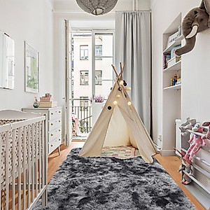 SAZAMI Fluffy Soft Shag Area Rug 4x6 Tie-Dye Dark Grey Fuzzy Non-Slip Accent Rug for Bedroom, Small Thick Throw Rugs for Nursery Playroom Dorm, Home Modern Plush Furry Carpet Decor for Kids Teen Baby