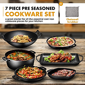 Pre Seasoned Cast Iron 7 Piece Bundle Gift Set, Double Dutch, Rectangular grill Pan, Wok, Large Skillet, Square Grill Pan & Chainmail, Camping Cookware Set