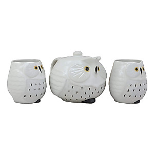 Ebros Gift Whimsical White Fat Snow Owl Ceramic 16oz Tea Pot With 2 Cups Set With Stainless Steel Strainer As Teapots And Teacups Home Decor Of Owls Owlet Nocturnal Bird