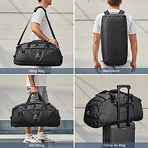 G4Free 60L Gym Bag, 3-Way Duffle Bag with Shoes Compartment & Wet Pocket for Men Women, Water-resistant Duffel Backpack for Sports Travel Camping Weekender Overnight Bag, Black