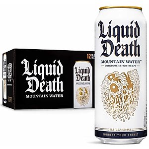 Liquid Death, Still Mountain Water, Real Mountain Source, Natural Minerals & Electrolytes, 12-Pack (Tallboy Size 16.9oz Cans)