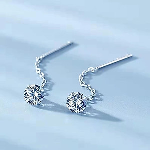 Threader Earrings 925 Silver CZ Drop Pull Through Chain Ear Line Cubic Zirconia Dangle Earrings For Women White