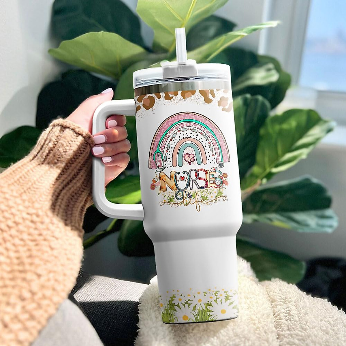 99WHALE Tumbler 40 Oz With Handle Lid And Straw, Nurse Gifts, Black Camo White Engraved Print Travel Nurses Tumblers Handle Funny Cups Nursing For, Great Nurse Rainbow Daisy Flower