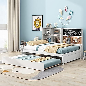 Harper & Bright Designs Full Size Daybed Twin Size Trundle,USB Ports and Storage Shelves,Wood Full Size Bed Frame Blackboard,Cork board and Bookshelf,Full Sofa Bed Living Room Bedrooms,White