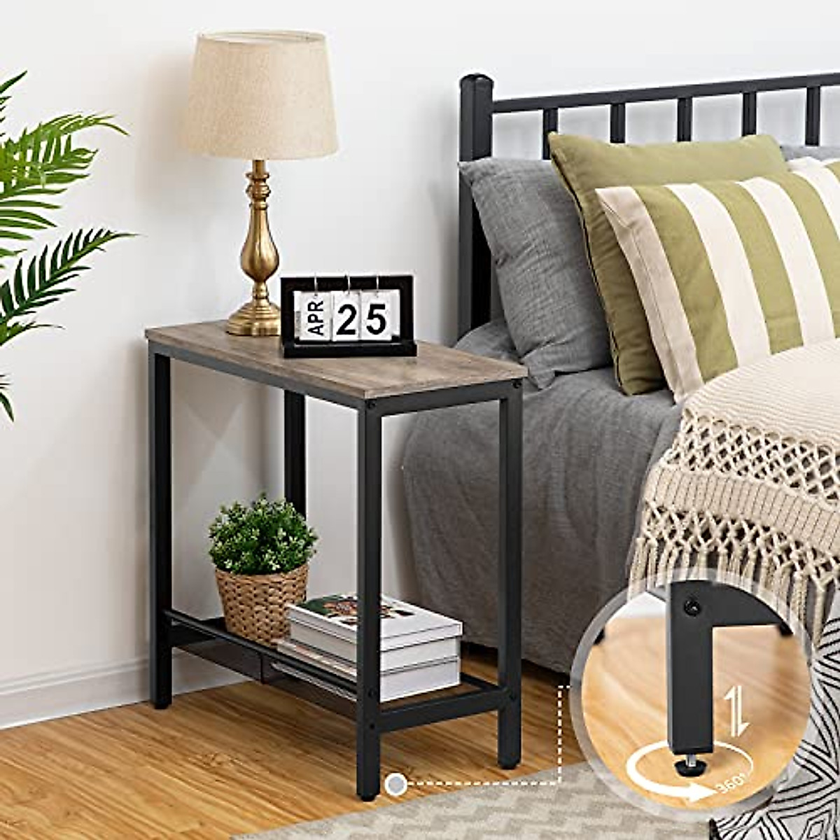 HOOBRO Side Tables, Set of 2 Narrow Nightstands, Industrial End Table with Flat or Slant Adjustable Mesh Shelf for Small Spaces, Stable Metal Frame and Easy Assembly, Greige and Black BG24BZ01