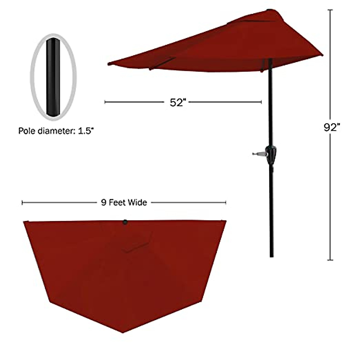 Pure Garden 9-Foot Half Patio Umbrella – Easy Crank Semicircle Opening Shade Canopy – For Against a Wall, Porch, or Balcony Furniture (Red)