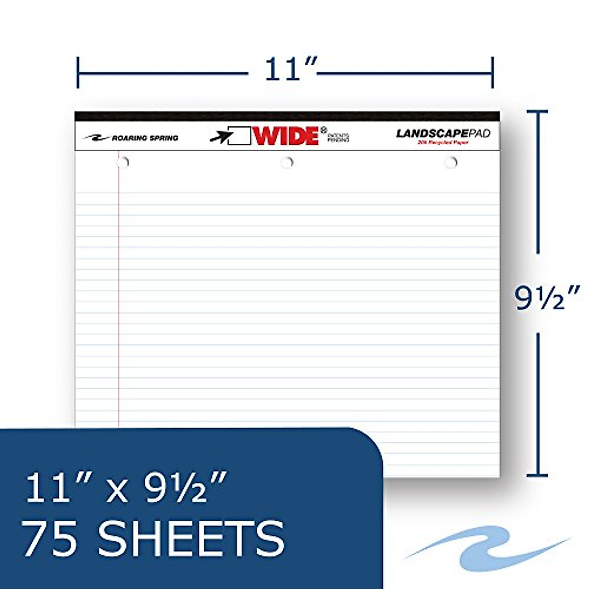 Roaring Spring Wide College Ruled Landscape Legal Pad, 11" x 9.5" 75 Sheets, White