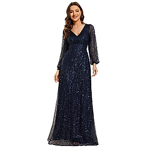 Ever-Pretty Women's Sequin A-Line V Neck Beaded Gown Long Sheer Sleeves Cocktail Evening Gown Navy Blue US10