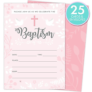 Baptism Invitations for Baby Girls, 25 Fill In The Blank Style Cards and Envelopes.