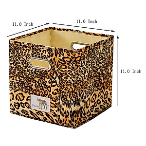 BeigeSwan Foldable Animal Leopard [Set of 4] Cube Storage Bins, Collapsible Fabric Organizer Container Boxes w/ Handles – 11 x 11 x 11 Inches