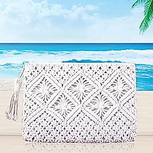 DIGOGO Women's Straw Clutch Purse Summer Beach Handbag Cotton Crochet Bohemian Purse White