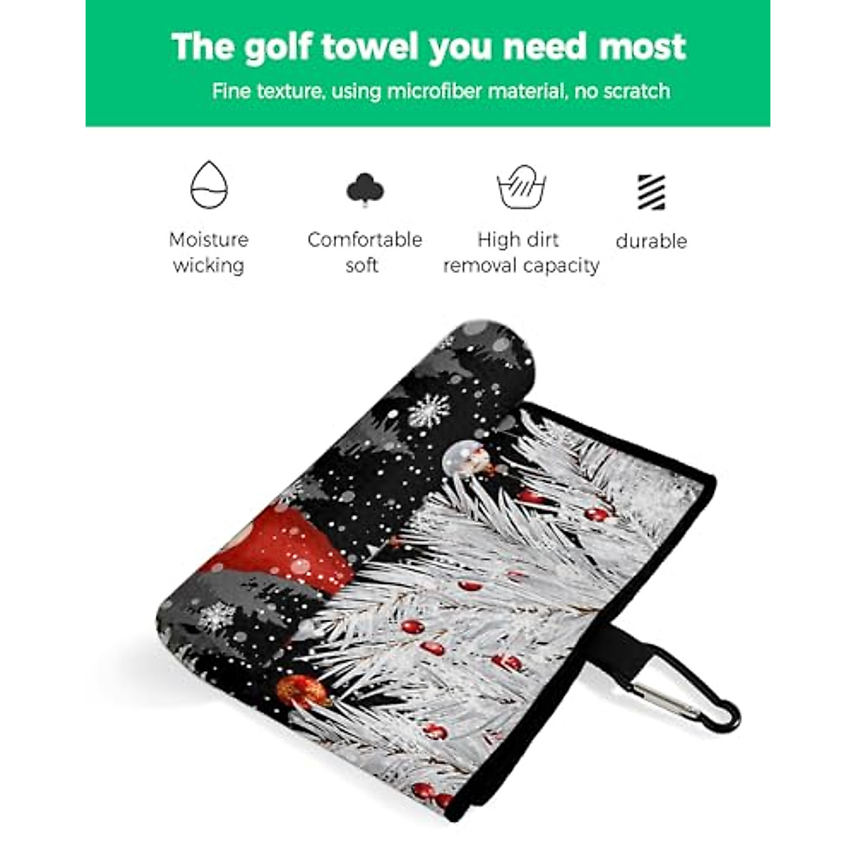 Golf Towel Christmas Gnome Pine Needle Xmas Tree Gift,Waffle Pattern Microfiber Club Cleaner Golf Towels with Carabiner Clip for Women Men Dad,Winter Snow Golf Towel for Golf Bags Accessories,24x16in