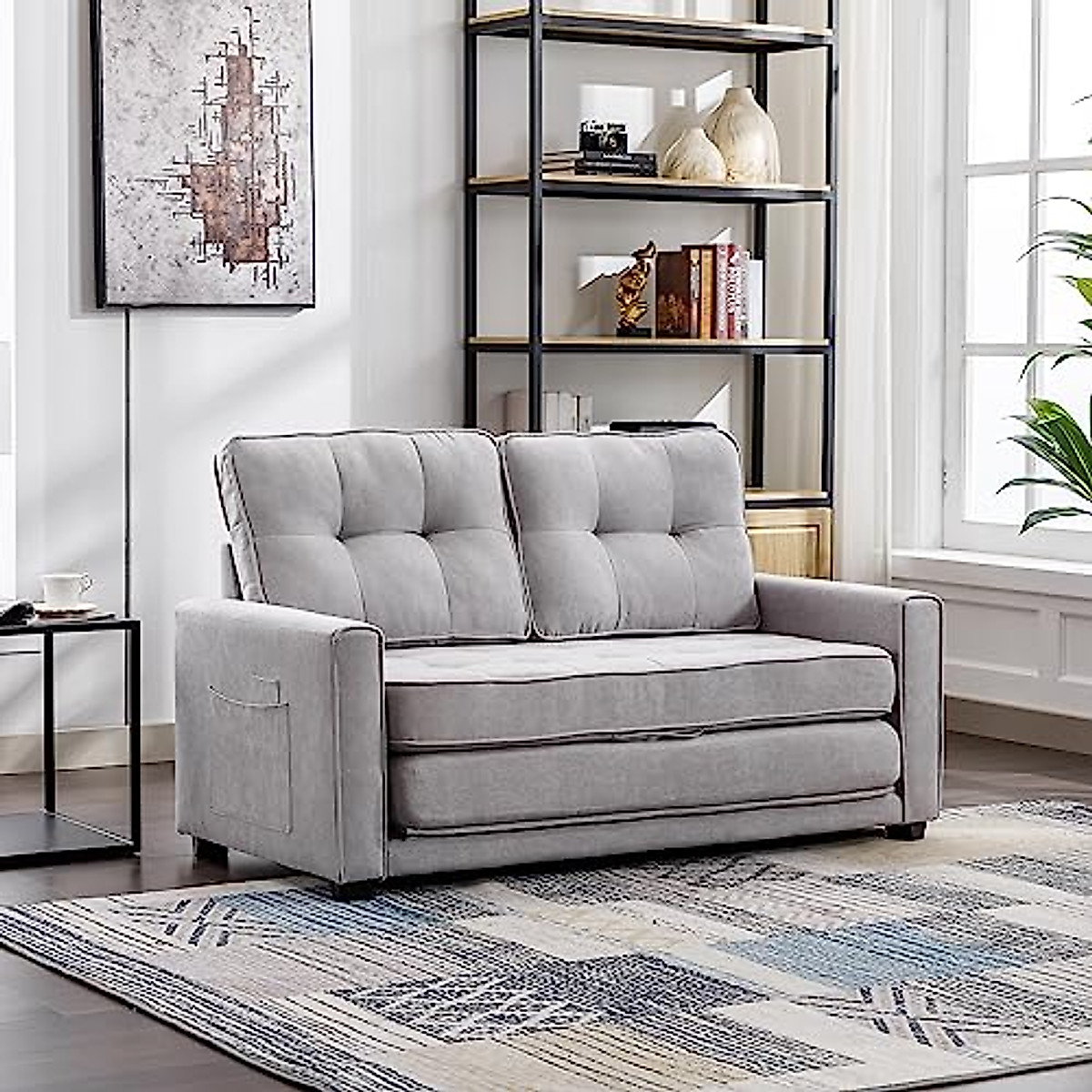 3 Fold Upholstered Futon Sofa Convertible Floor Sofabed ,Foldable Tufted Loveseat with Pull Out Sleeper Couch Bed, Space Saving Love Seat Daybed W/Side Pockets for Apartment Office Home Living Room