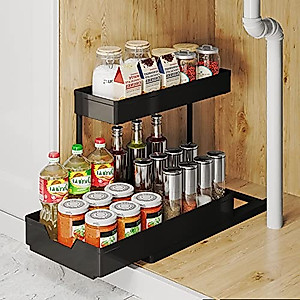 Karlsitek Under Sink Organizer,2-Tier Bathroom Organizer,L-Shape One Sliding Under Cabinet Storage Organizer with 1 Hanging Cup and 4 Hooks,Under Sink Organizers and Storage for Kitchen Bathroom
