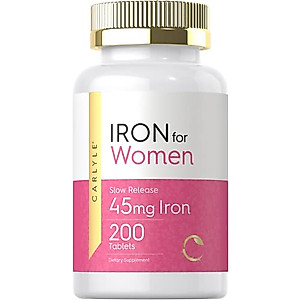 Iron Pills for Women | 45mg | 200 Slow Release Tablets | Vegetarian, Non-GMO, Gluten Free Supplement | by Carlyle