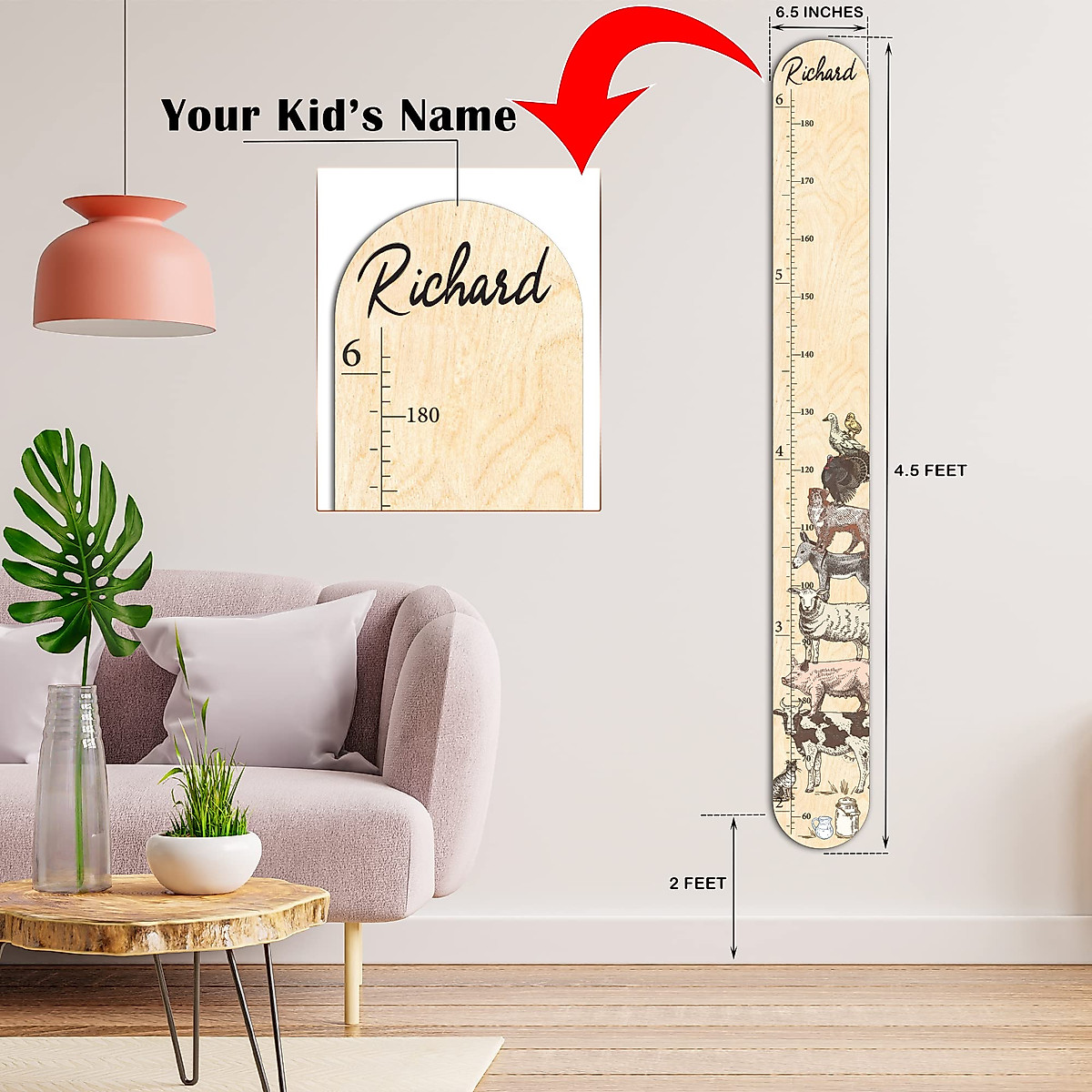 Personalized Wooden Growth Chart for Kids, Boys & Girls | Custom Height Measurement Wall Chart Ruler | Kids Bedroom, Playroom, Room Decor, Child's Room Decoration (Farm Friends)
