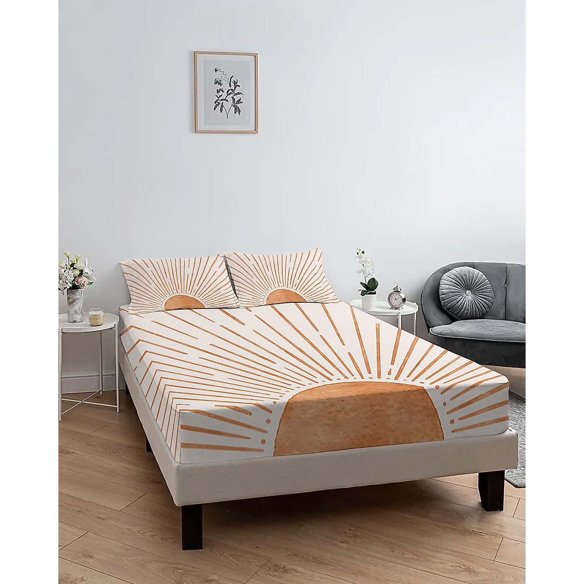 Fitted Sheet Set for Queen Size Bed Mid Century Boho Orange Sun Aesthetic Striped 3 Pieces Bedding Sheets-Deep Pocket Bedsheet Fits Mattress Upto 16",2 Pillow Cases Bedroom Decor Retro Beige