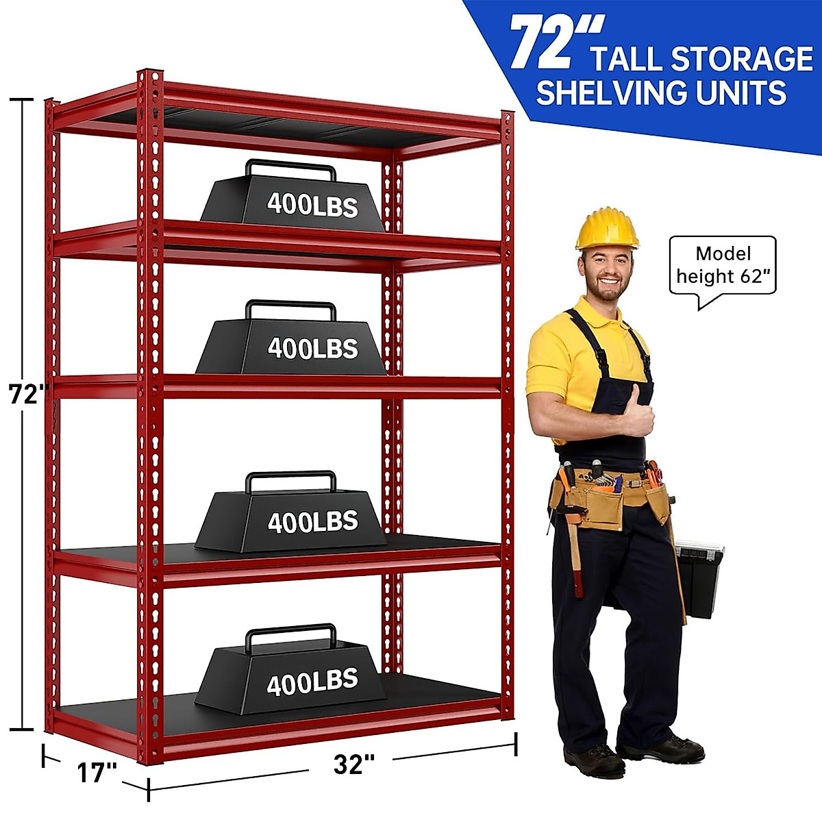 REIBII 72" Garage Shelving 2000 LBS Storage Shelves Heavy Duty Metal Shelving Units Rack Shelf for Garage Pantry,Kitchen, Basement,Red & Black
