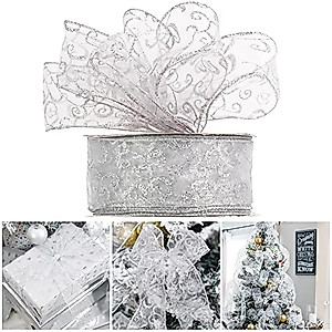 AIMUDI Silver Sheer Organza Christmas Ribbon, 2.5 Inch x 50 Yards, Swirl Pattern, Wired Edge, Perfect for Wreaths, Trees, Gifts, Weddings