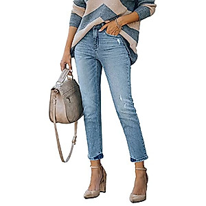 Lesore Womens High Waist Washed Raw Hem Boyfriend Ripped Distressed Destroyed Straight Leg Cropped Jeans Denim Pants Pockets Blue 29