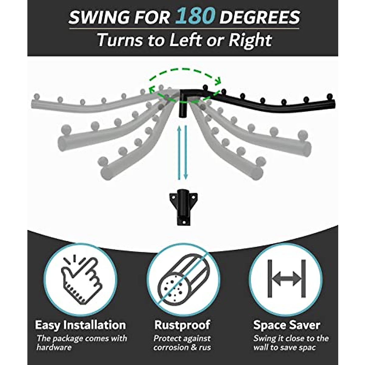 Folding Clothes Hanger Rack Swing Arm Hook Holder Clothing Hanging Garment Drying Closet Rod Storage Organizer Wall Mount Space Saving for Closet Organizer, Bathroom, Bedroom, Laundry Room Black