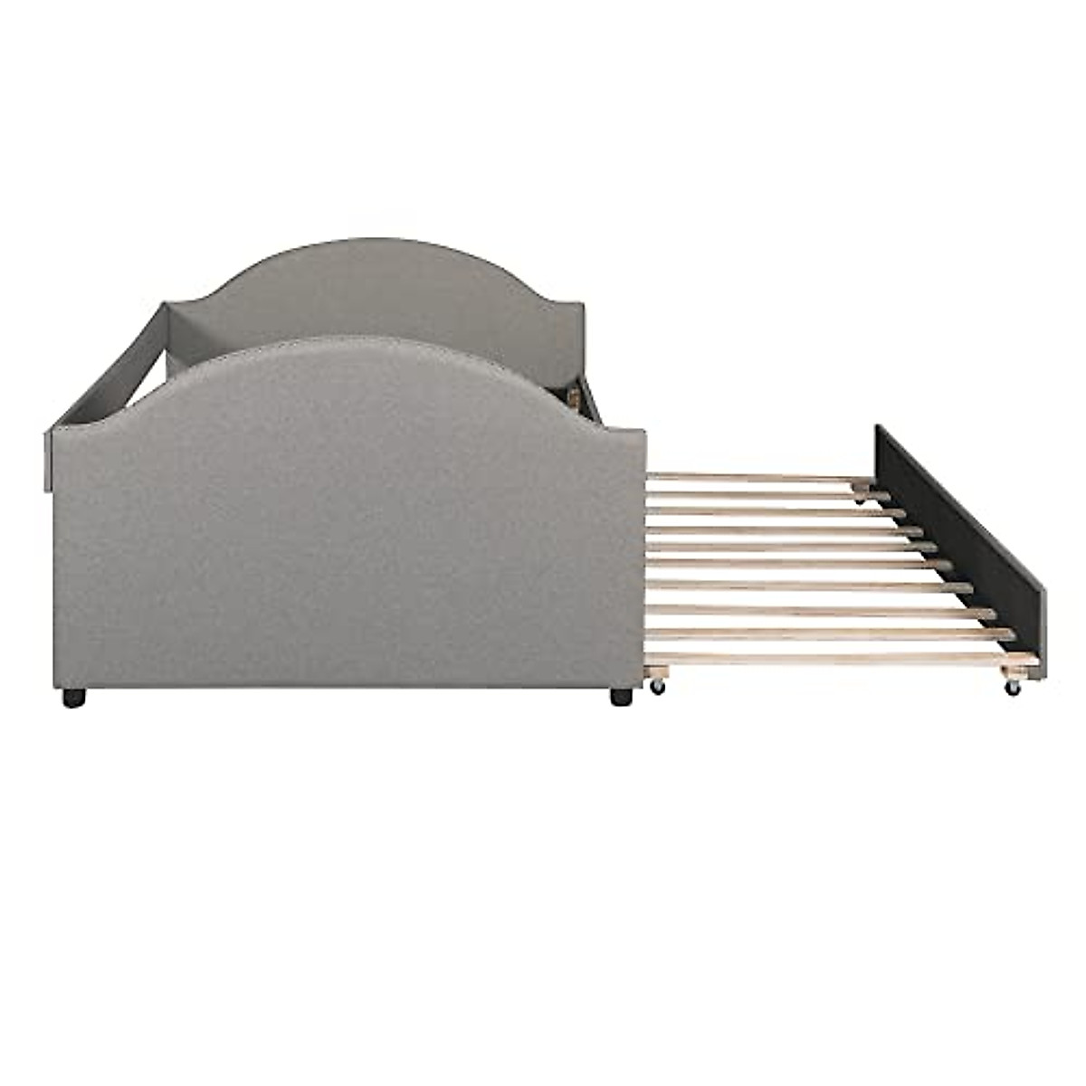 DRELOFT Full Size Upholstered Daybed with Strong Durable Pull-Out Trundle and Legs, Full Day Bed Sofa Bed with Wood Slat Support for Living Room Bedroom Guestroom, No Box Spring Needed, Gray