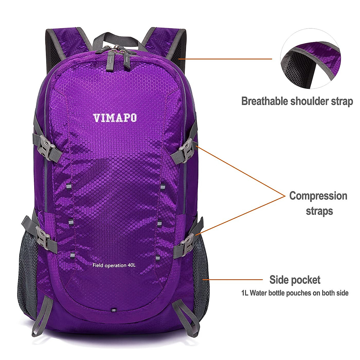 vimapo Packable Lightweight Backpack 40L, Ripstop Nylon Foldable Traveling Daypack, Collapsible Hiking Backpack For Outdoor(Purple)