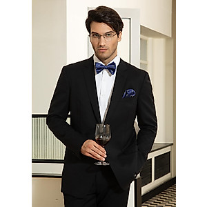 HISDERN Men's Bee Pattern Self Bow Tie And Pocket Square Set Wedding Party Accessories,Navy Blue & Yellow,One Size