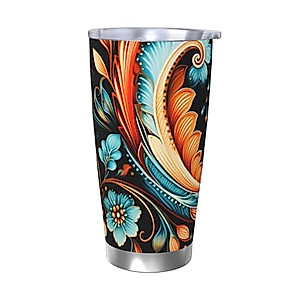 AYCZN Ethnic Feather 20 OZ Tumbler Stainless Steel Travel Coffee Mug, Vintage Flower Floral Insulated Water Bottle with Lid and 2 StrawsLeakproof Thermal Cup