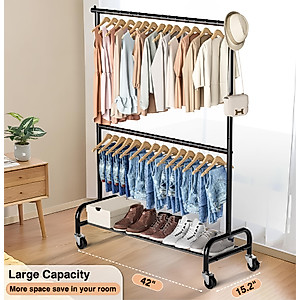 MISSLO Heavy Duty Clothing Racks for Hanging Clothes Rack Double Rod Garment Rack Rolling Closet Wardrobe Rack on Wheels, Metal, Adjustable, Black