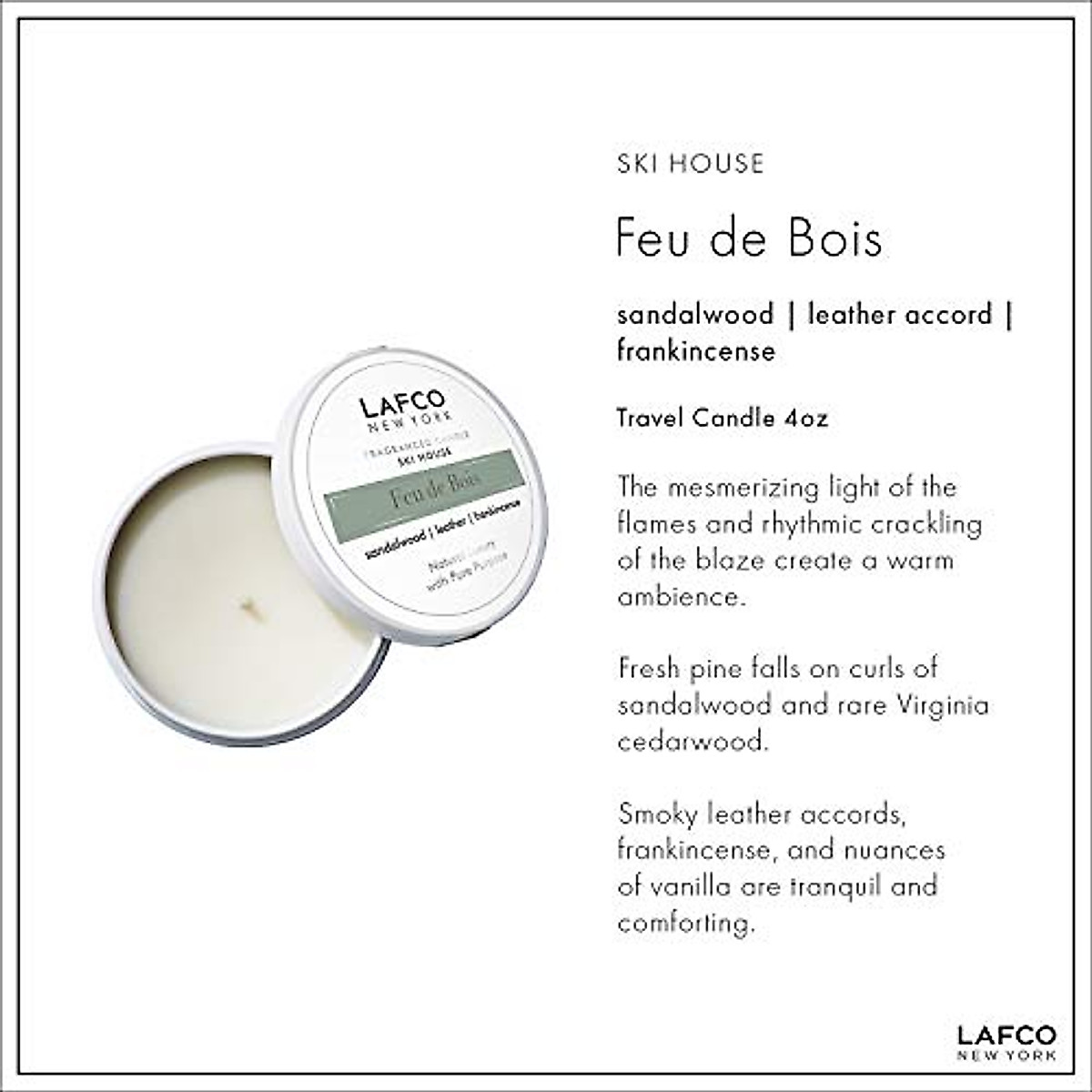 LAFCO NEW YORK – Travel Sized Scented Candle in Ski House Feu de Bois with Hints of Sandalwood, Leather Accord and Frankincense (4 oz.)