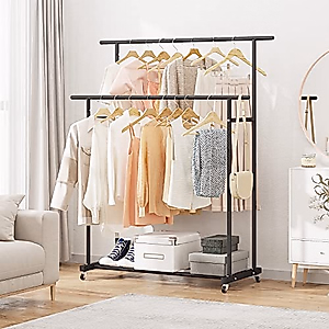 Calmootey Double Rod Clothing Garment Rack,Rolling Hanging Clothes Rack,Portable Clothes Organizer for Bedroom,Living Room,Clothing Store,Black