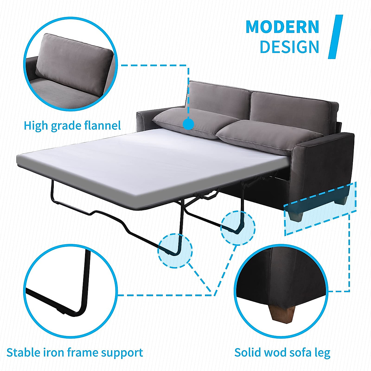 Mjkone 2-in-1 Pull Out Sofa Bed, Queen Size Velvet Sleeper Sofa Bed with Folding Foam Mattress, Pull Out Couch Bed for Living Room/Apartment/Small Spaces(Queen, Dark Grey)