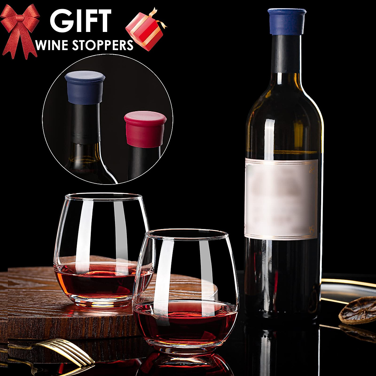 eventpartener Stemless Wine Glasses, 15 oz Crystal Wine Glasses Set of 6 wtih 2 Wine Bottle Stoppers, Drinking Glasses, Smooth Rim Wine Elegant Glass Tumbler for Red and White Wine, Cocktail, Juice