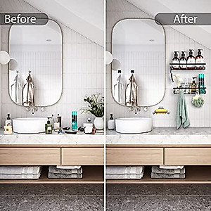 MIBOTE 6-Pack Shower Caddy Basket Shelf with 2 Soap Holder,Towel Hooks, No Drilling Traceless Adhesive Shower Wall Shelves, Rustproof Black Bathroom Shower Storage Organizer