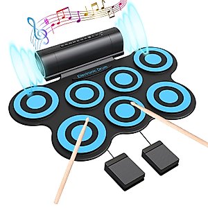 KONIX Electronic Drum Pad for Kids - 7 Pads Roll Up Electric Drum Kit Rechargeable - Digital Drum Sets with Headphone Jack, Speaker, Pedals, Demo Songs, MP3 USB Port, Sticks - Blue