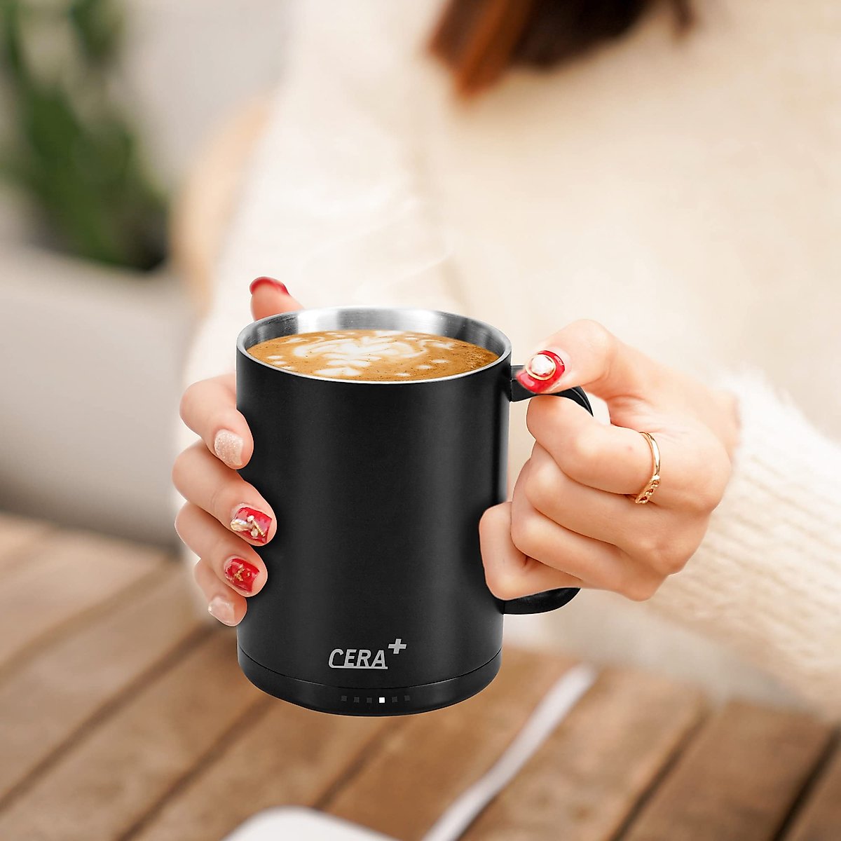 Temperature Control Smart Mug with Lid, 14oz, Self Heating, 1.5-hr Battery Life + Type-C Charging Coaster，APP or Manual Controlled, On/Off Time Preset by APP, Double Layers S.S, Gift-Packing