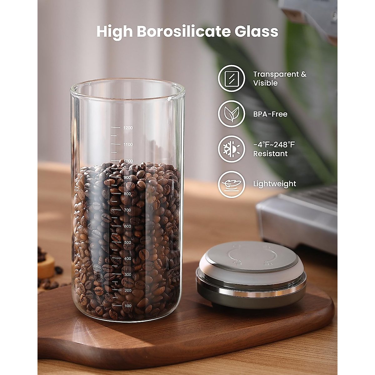 One-Press Button Coffee Canister with Airtight Lid, Borosilicate Glass Coffee Container with PP Silicone Lid, Food Storage Container for Grounds Coffee, 1lb Beans, Flour, Cereal, Sugar
