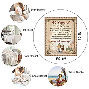 Wisegem 60th Anniversary Wedding Gifts for Couple Parents Wife Husband Diamond Wedding Blanket 60"x 50" Throw Blankets for Mom Dad Grandparents 60 Years of Marriage Celebration Gift Ideas