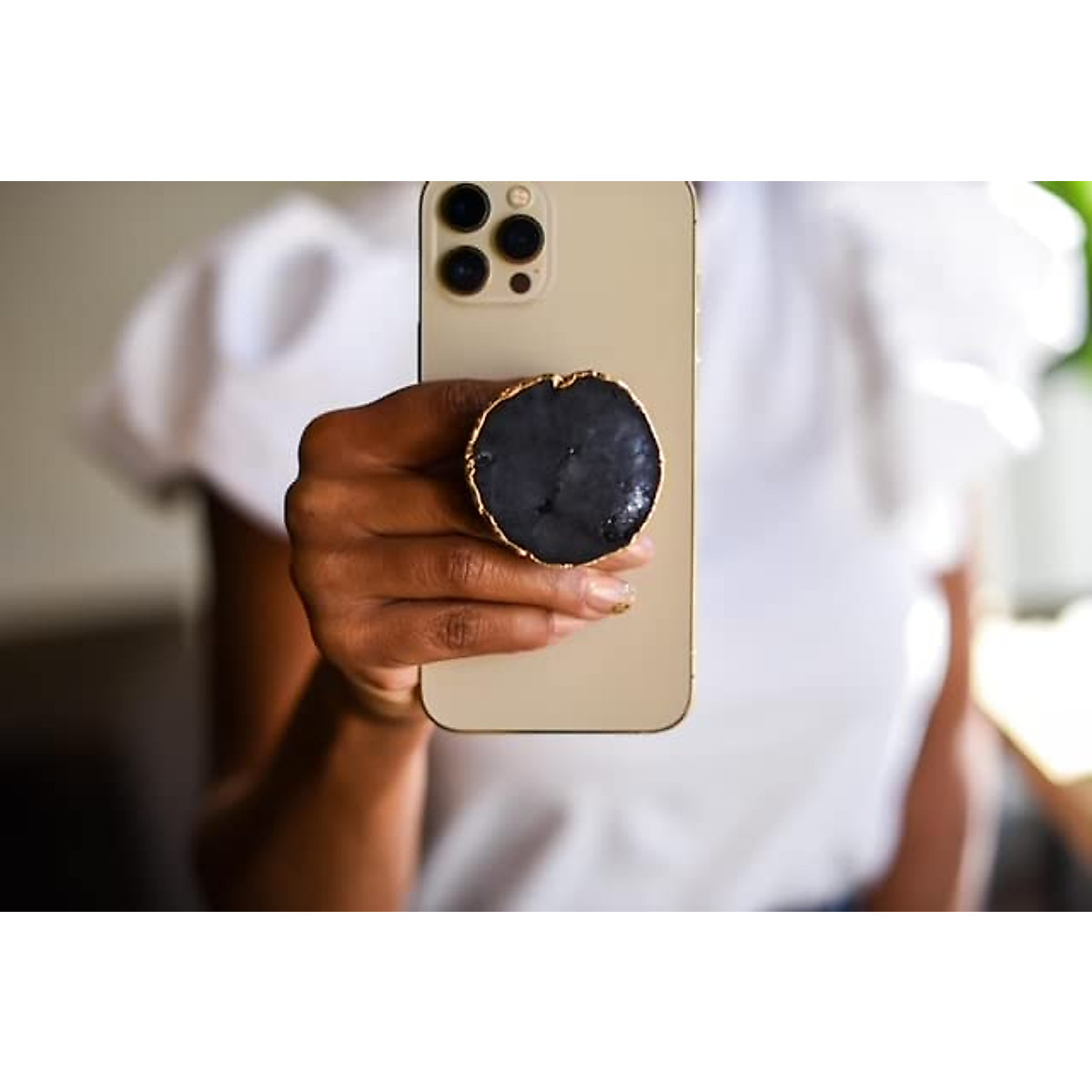 ULANI JOY Large Black Agate Crystal Druzy Quartz Phone Grip Phone | Easy Grip for Large Phone| Fresh New Look | Phone Stand Holder for Large Smart Phones and Tablet, (Black)